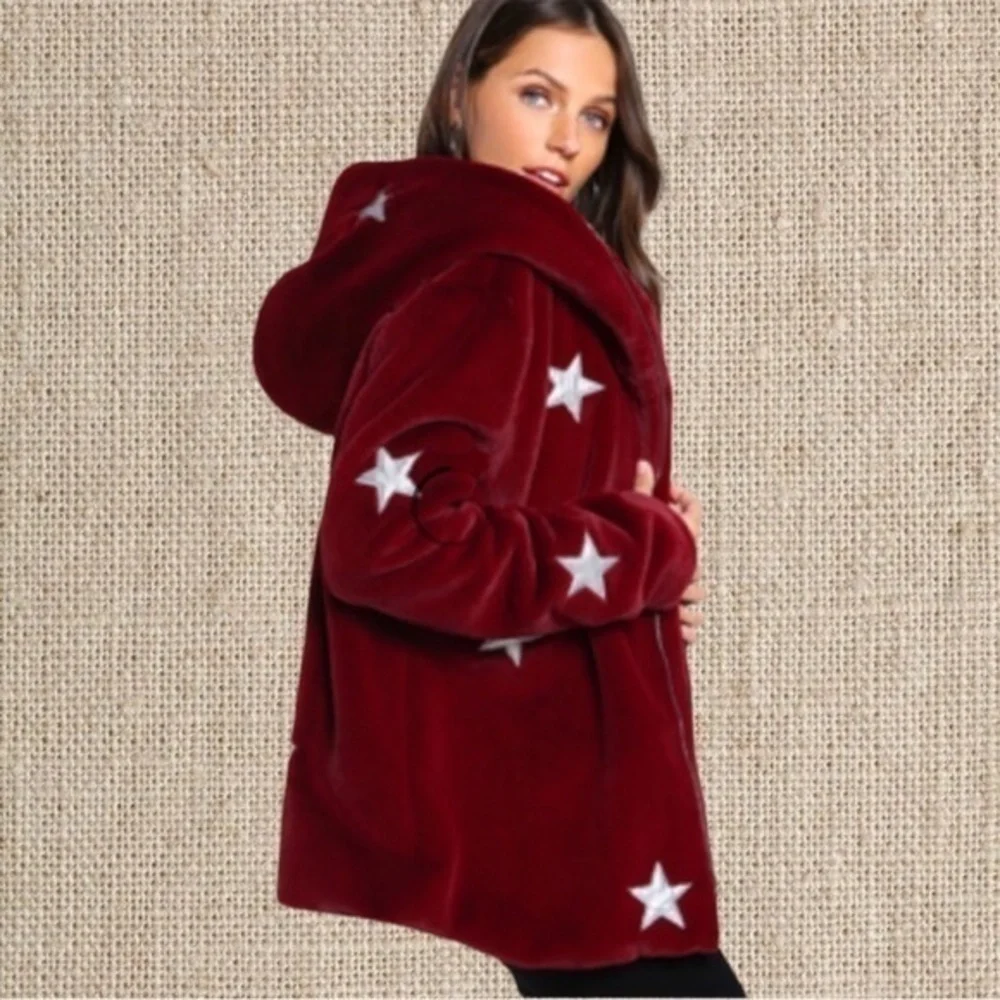 Jackets & Coats | Red Fuzzy Star Hoodie | Poshmark